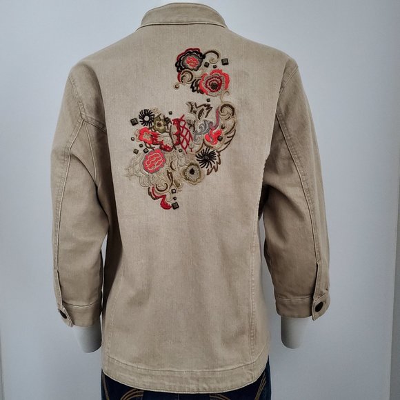 CJ Banks | Jackets & Coats | Denim Embroidered Flower Zip Jacket Woman ...